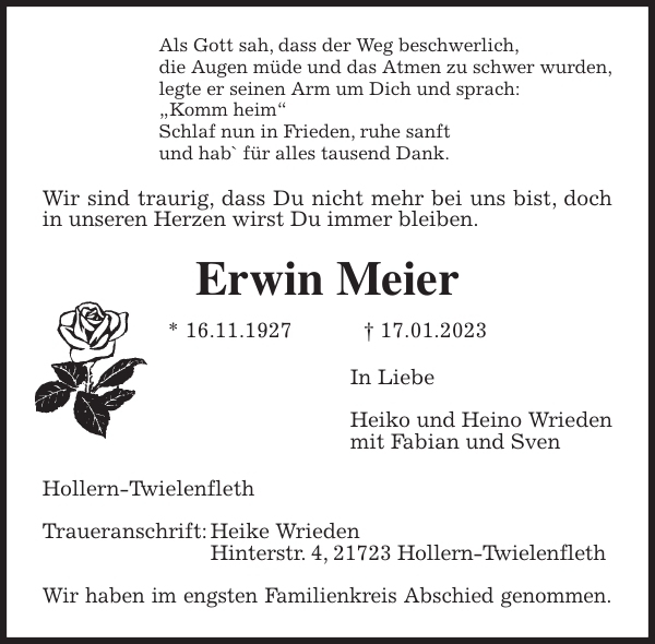 Erwin Meier: Traueranzeige : Stader Tageblatt