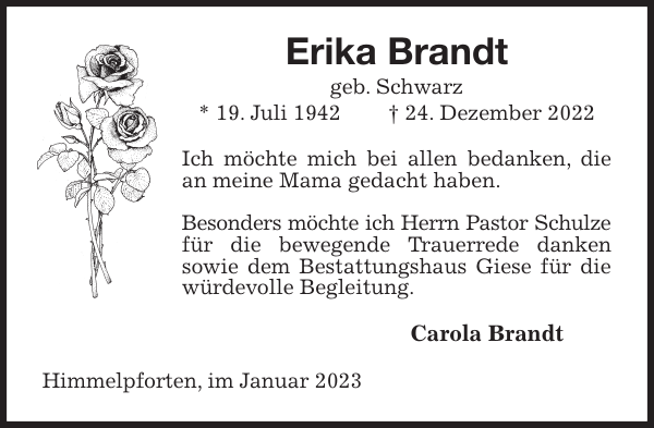 Erika Brandt: Danksagung : Stader Tageblatt