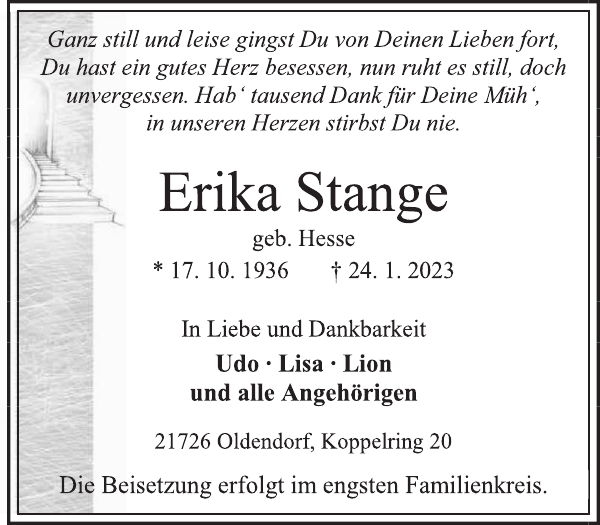 Erika Stange: Traueranzeige : Stader Tageblatt