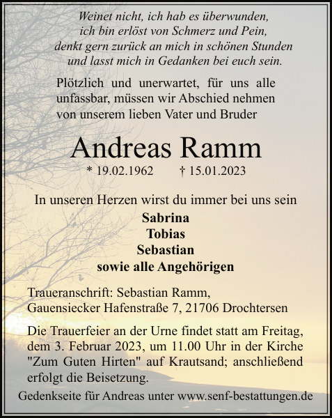 Andreas Ramm: Traueranzeige : Stader Tageblatt