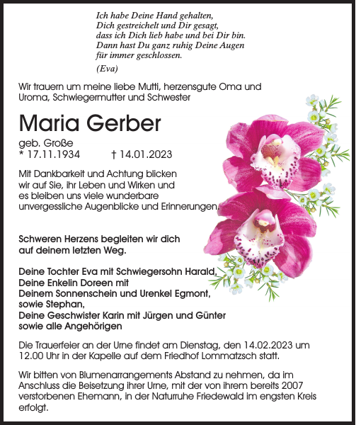 Maria Gerber : Traueranzeige : Sächsische Zeitung