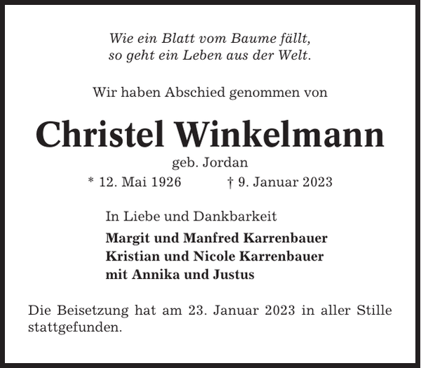 Christel Winkelmann: Traueranzeige : Niederelbe-Zeitung