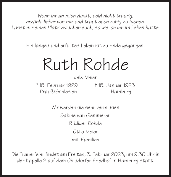 Ruth Rohde: Traueranzeige : Niederelbe-Zeitung