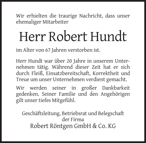 Robert Hundt: Traueranzeige : Remscheider General-Anzeiger