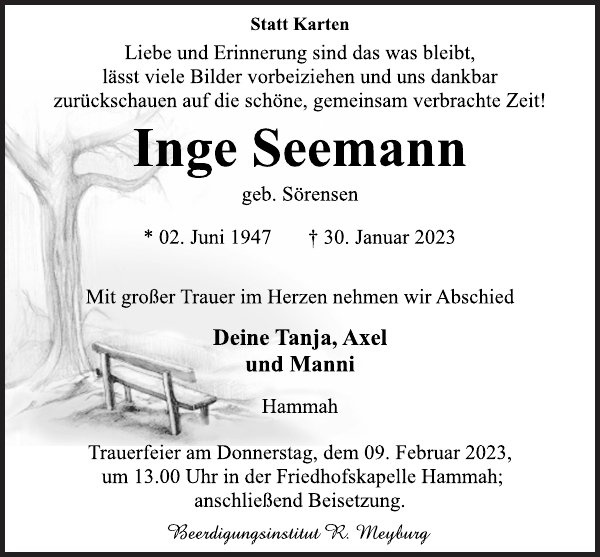 Inge Seemann: Traueranzeige : Stader Tageblatt