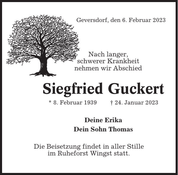 Siegfried Guckert: Traueranzeige : Niederelbe-Zeitung