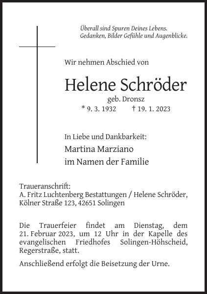 Helen Schröder : Traueranzeige : Solinger Tageblatt Trauer
