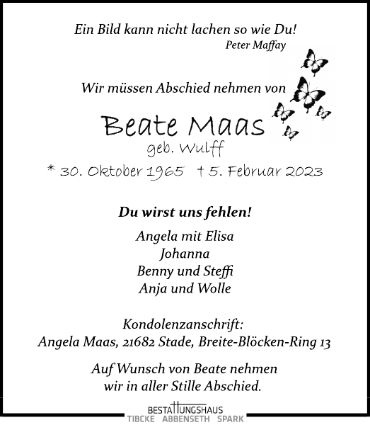 Beate Maas: Traueranzeige : Stader Tageblatt