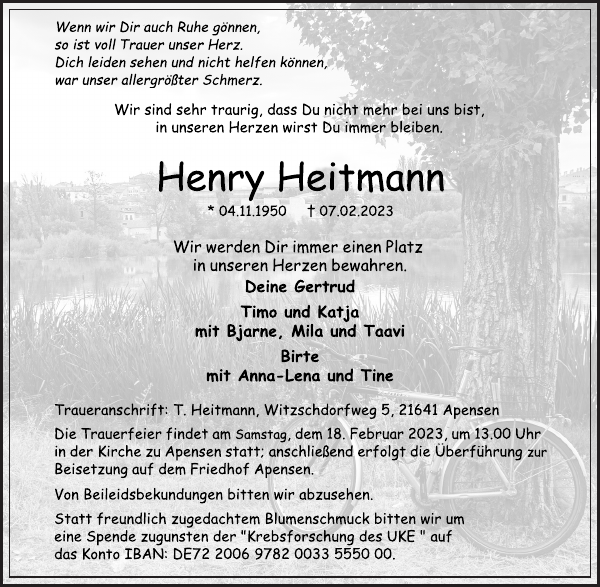 Henry Heitmann: Traueranzeige : Stader Tageblatt