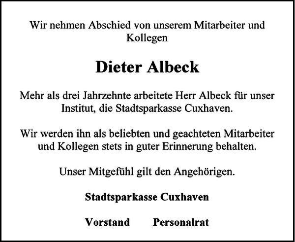 Dieter Albeck: Gedenken : Cuxhavener Nachrichten
