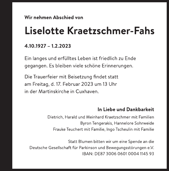 Liselotte Kraetzschmer-Fahs: Traueranzeige : Cuxhavener Nachrichten