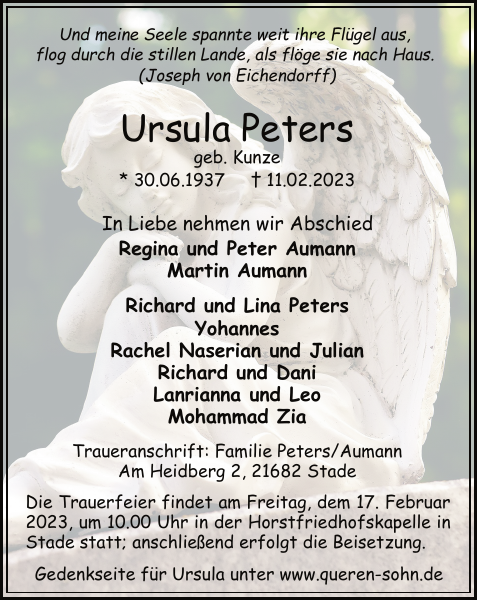 Ursula Peters: Traueranzeige : Stader Tageblatt