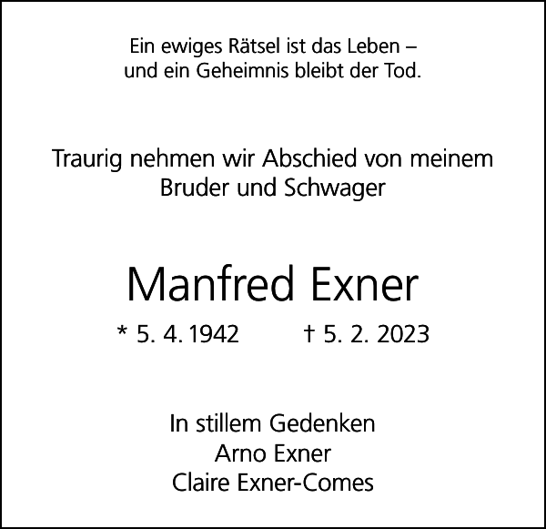 Manfred Exner: Traueranzeige : Badische Zeitung