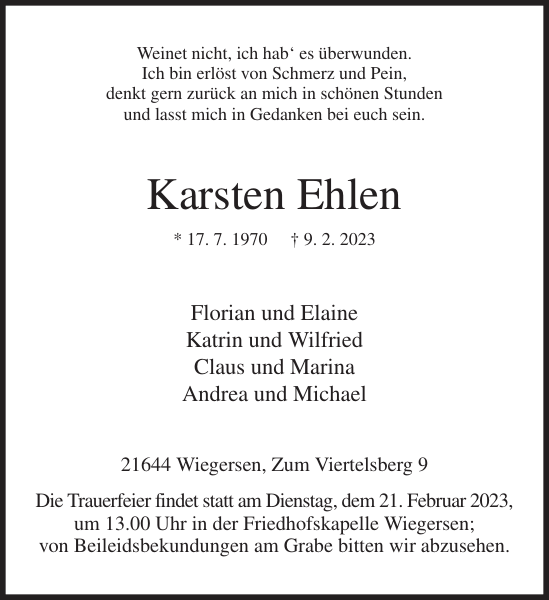 Karsten Ehlen: Traueranzeige : Stader Tageblatt