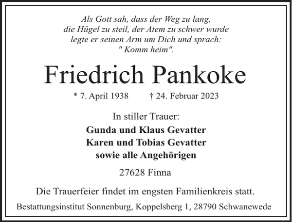 Friedrich Pankoke: Gedenken : Nordsee-Zeitung