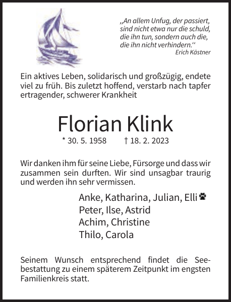 Florian Klink: Traueranzeige : Solinger Tageblatt Trauer