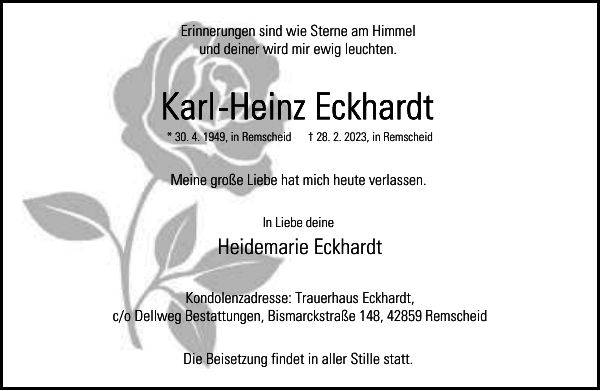 Karl-Heinz Eckhardt: Traueranzeige : Remscheider General-Anzeiger
