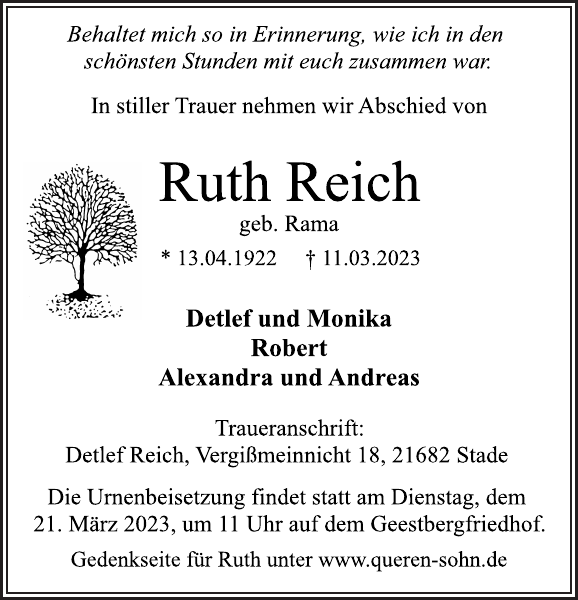 Ruth Reich: Traueranzeige : Stader Tageblatt