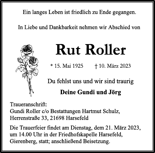 Rut Roller: Traueranzeige : Stader Tageblatt