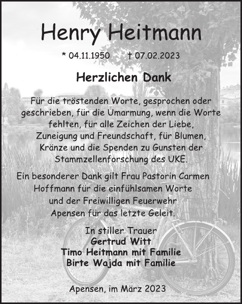 Henry Heitmann: Danksagung : Stader Tageblatt