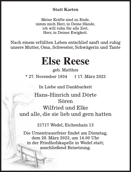 Else Reese: Traueranzeige : Stader Tageblatt