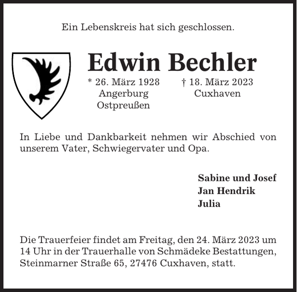 Edwin Bechler: Traueranzeige : Cuxhavener Nachrichten