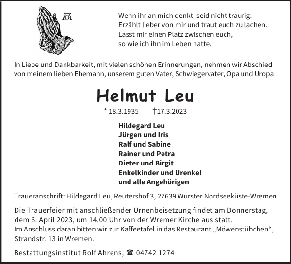 Helmut Leu: Gedenken : Nordsee-Zeitung