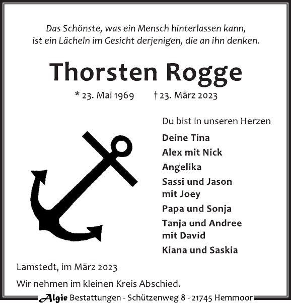 Thorsten Rogge: Traueranzeige : Stader Tageblatt