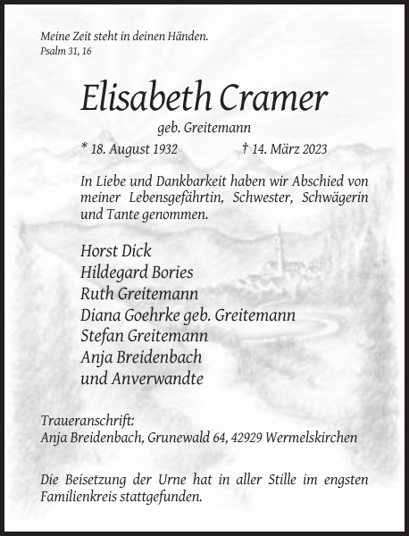 Elisabeth Cramer: Traueranzeige : Remscheider General-Anzeiger