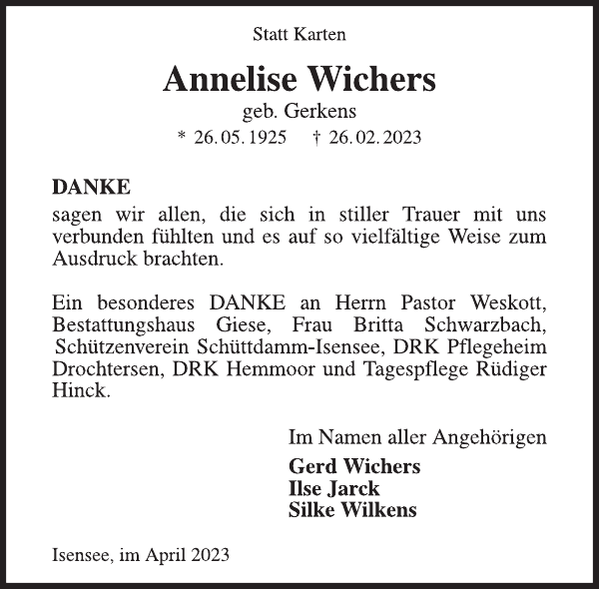 Wichers : Danksagung : Niederelbe-Zeitung