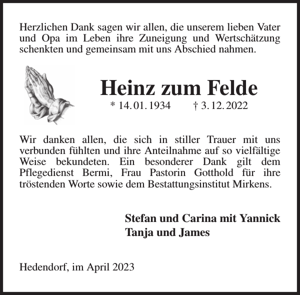 Heinz zum Felde: Danksagung : Stader Tageblatt