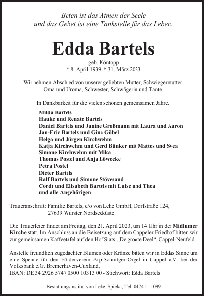 Edda Bartels: Gedenken : Nordsee-Zeitung