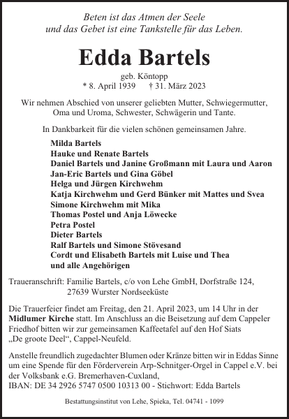 Edda Bartels: Traueranzeige : Cuxhavener Nachrichten