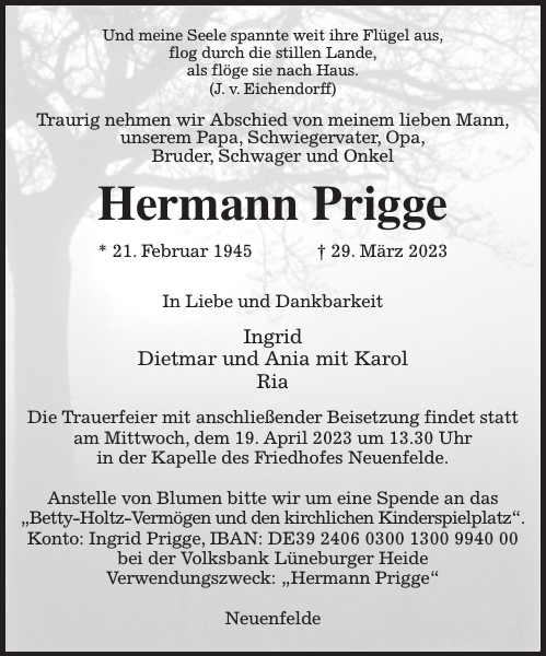 Hermann Prigge: Traueranzeige : Stader Tageblatt