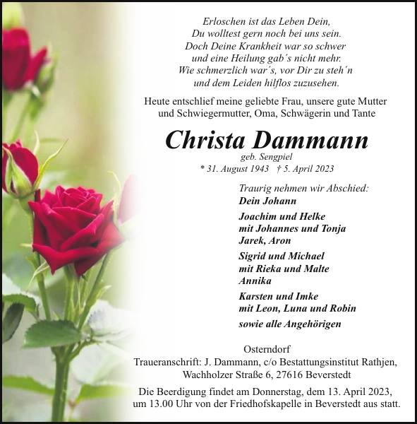 Christa Dammann: Gedenken : Nordsee-Zeitung