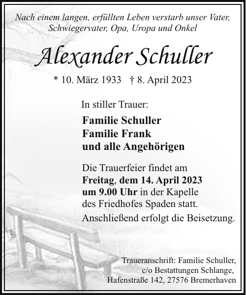 Alexander Schuller: Gedenken : Nordsee-Zeitung