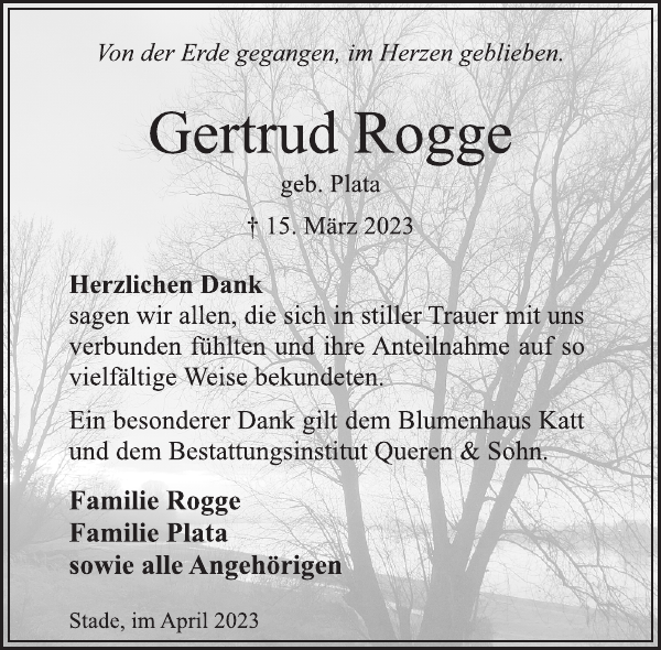 Gertrud Rogge: Danksagung : Stader Tageblatt