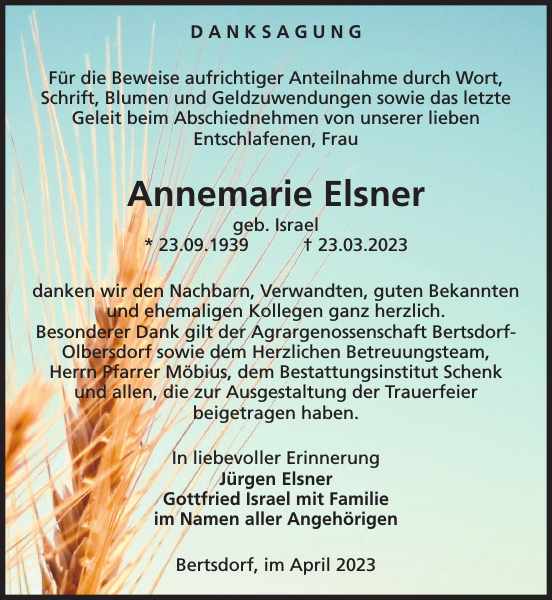 Annemarie Elsner: Traueranzeige : Sächsische Zeitung