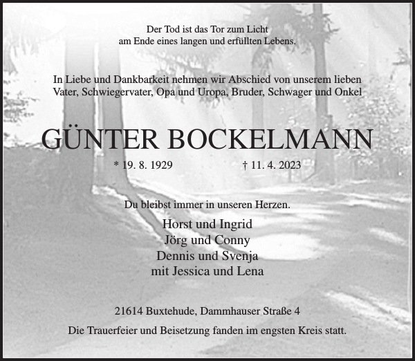 GÜNTER BOCKELMANN: Traueranzeige : Stader Tageblatt
