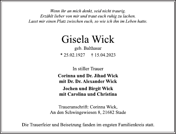 Gisela Wick: Traueranzeige : Stader Tageblatt