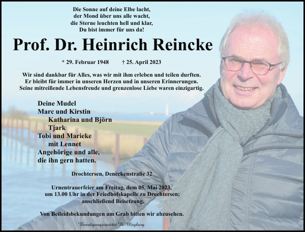 Prof. Dr. Heinrich Reincke: Traueranzeige : Stader Tageblatt