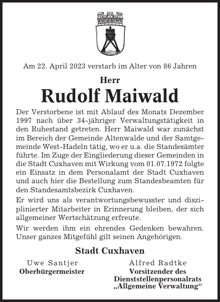 Rudolf Maiwald: Gedenken : Cuxhavener Nachrichten