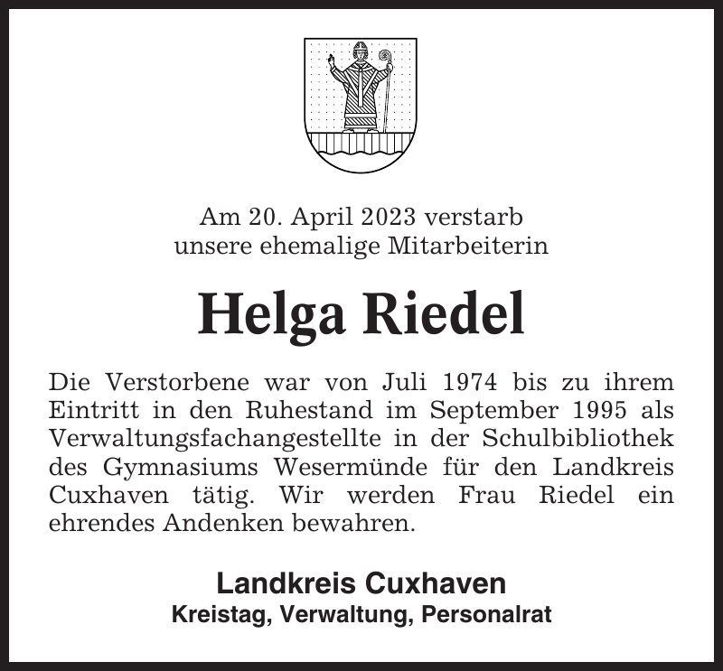 Helga Riedel: Gedenken : Niederelbe-Zeitung