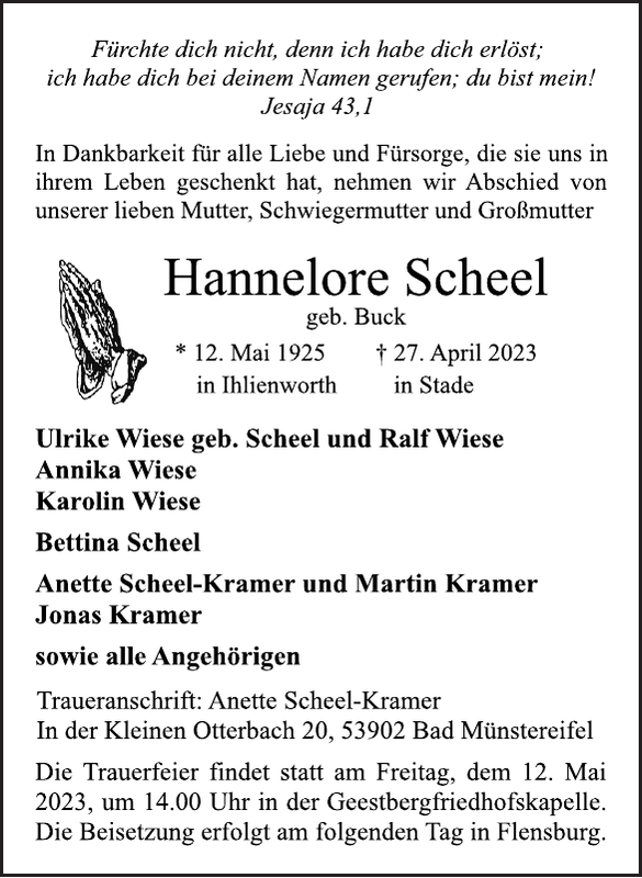 Hannelore Scheel: Traueranzeige : Stader Tageblatt