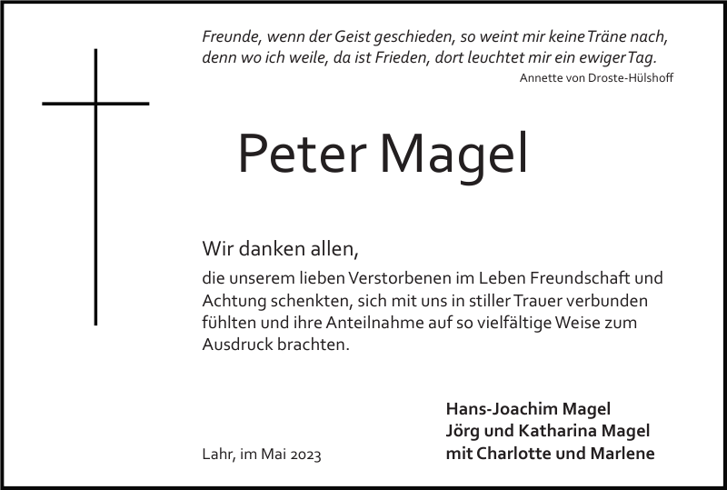 Peter Magel: Danksagung : Badische Zeitung