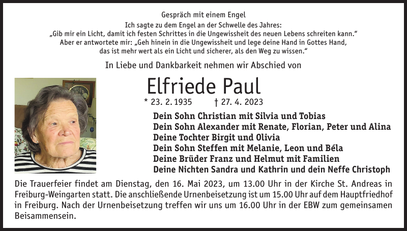 Elfriede Paul: Traueranzeige : Badische Zeitung