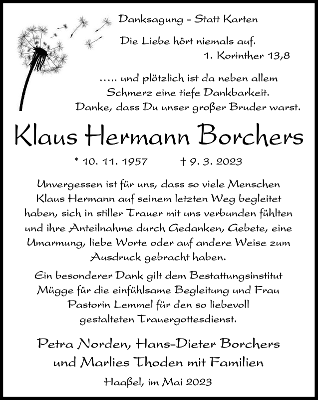 Klaus Hermann Borchers: Danksagung : Bremervörder Zeitung Klaus Hermann Borchers: Danksagung : Bremervörder Zeitung