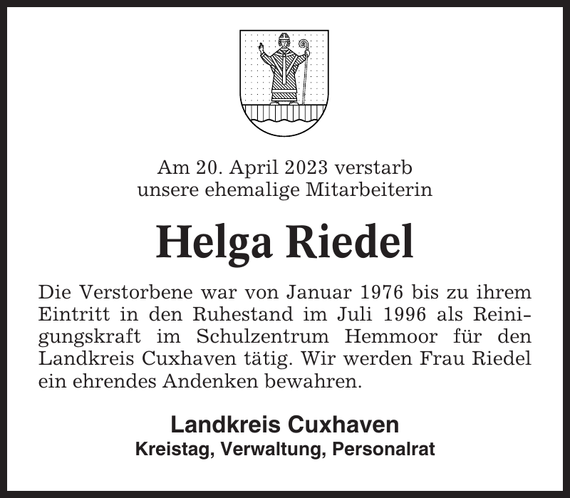 Helga Riedel: Gedenken : Niederelbe-Zeitung