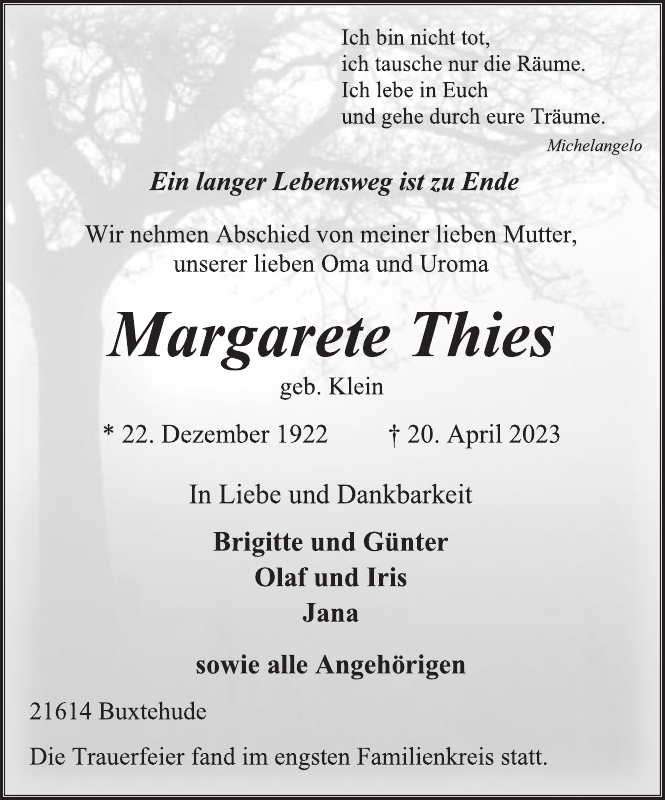 Margarete Thies: Traueranzeige : Stader Tageblatt