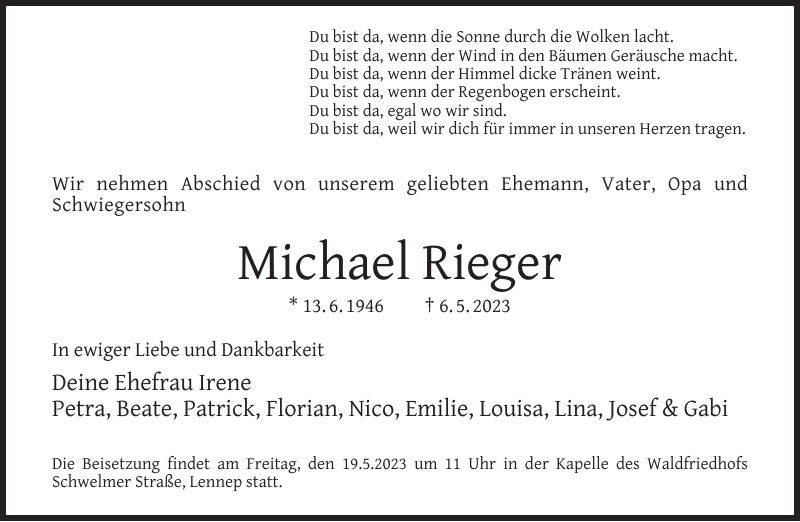 Michael Rieger: Traueranzeige : Remscheider General-Anzeiger